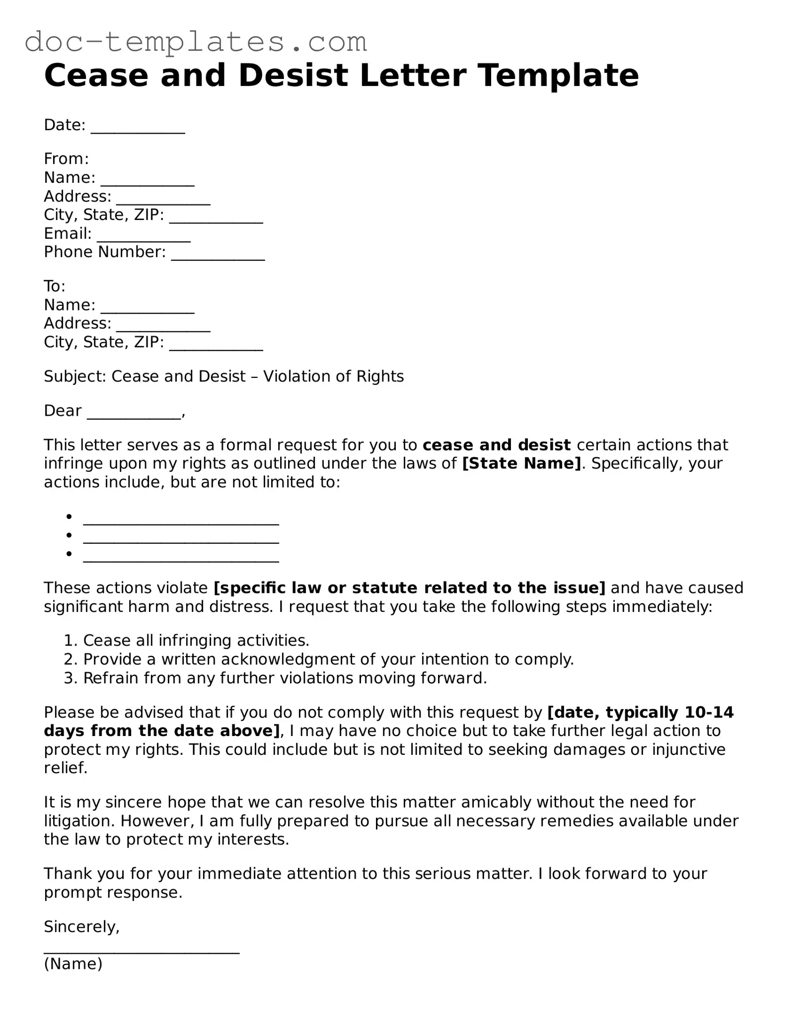 Free Cease And Desist Letter Forms Printable Template